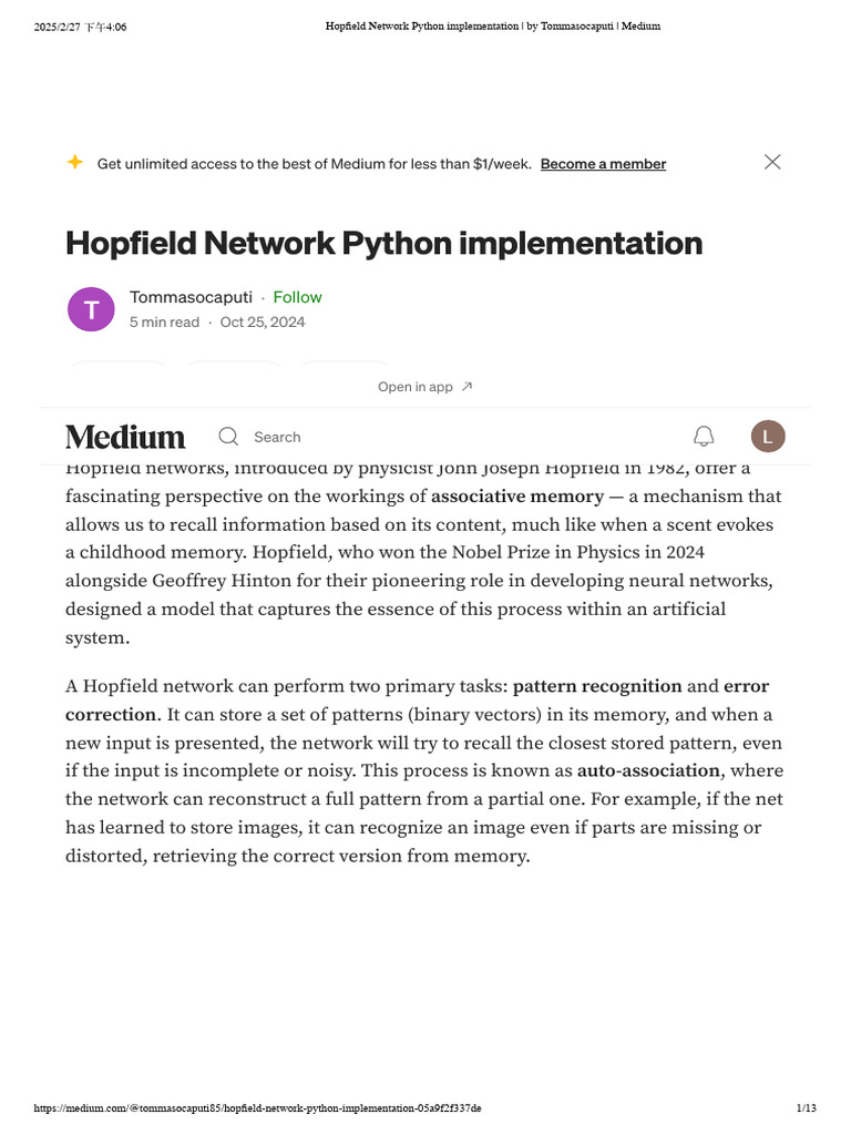 Hopfield Network Python implementation _ by Tommasocaputi _ Medium | PDF | Memory | Machine Learning