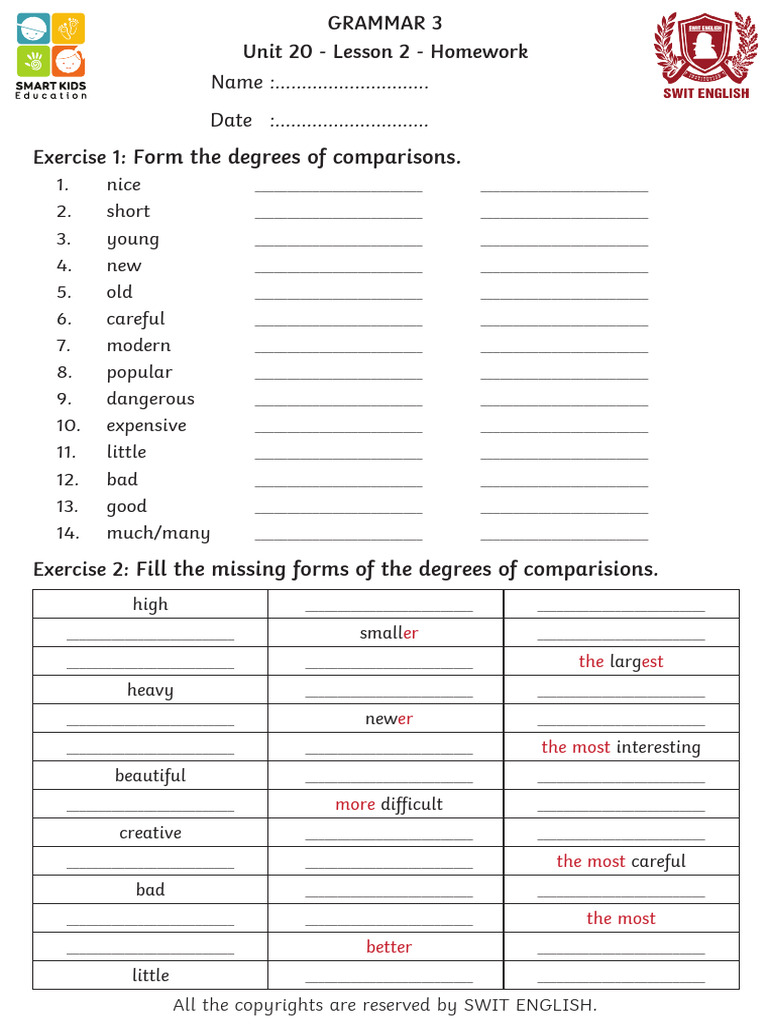 Grammar 3 - Unit 20 - Lesson 2 (Homework) | PDF