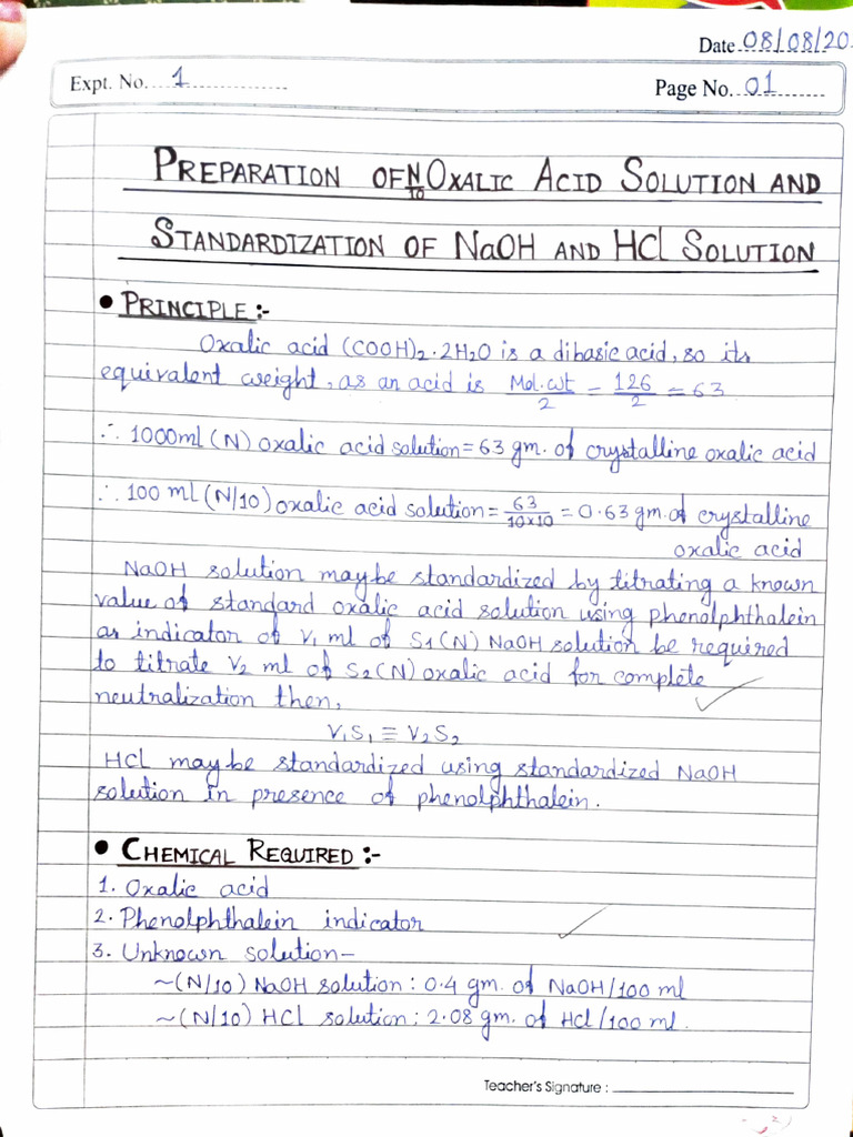 Preparation of Oxalic Acid Solution and Standardization of HCL by NaOH | PDF | Chemical ...