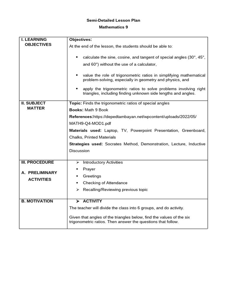 Trigonometric Ratios Lesson Plan for 9th Grade | PDF | Trigonometric ...