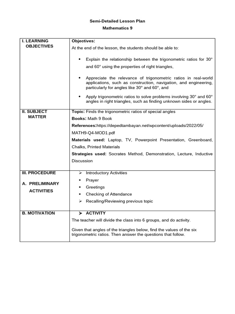 GR 9 Math Lesson Plan Mar 7 | PDF | Trigonometry | Angle