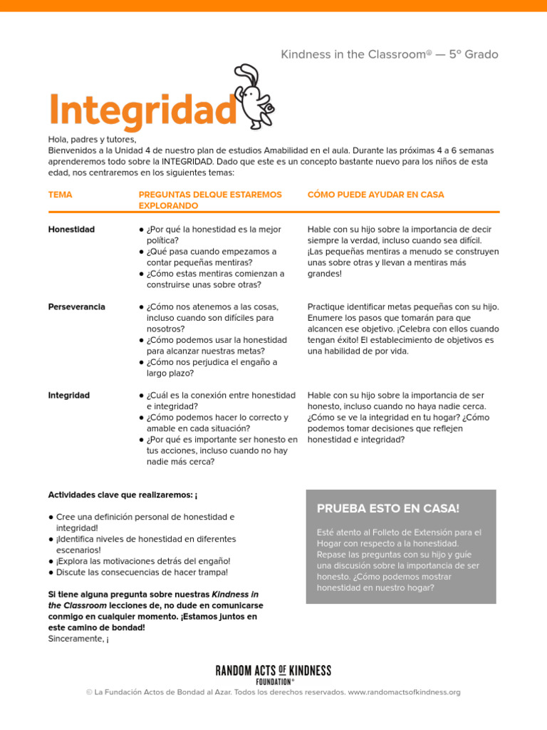 一Grade Grade 5 Integrity Family Letter Spanish | PDF