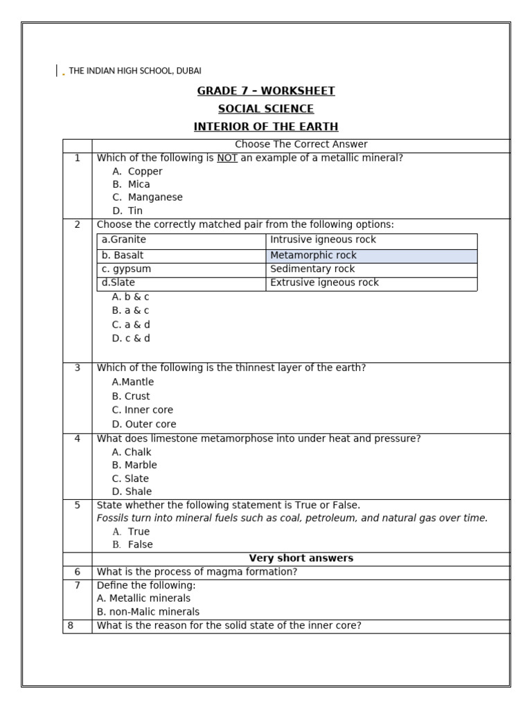Gr7 SSC Interior of The Earth PT1 Worksheet 1 | PDF | Rock (Geology ...
