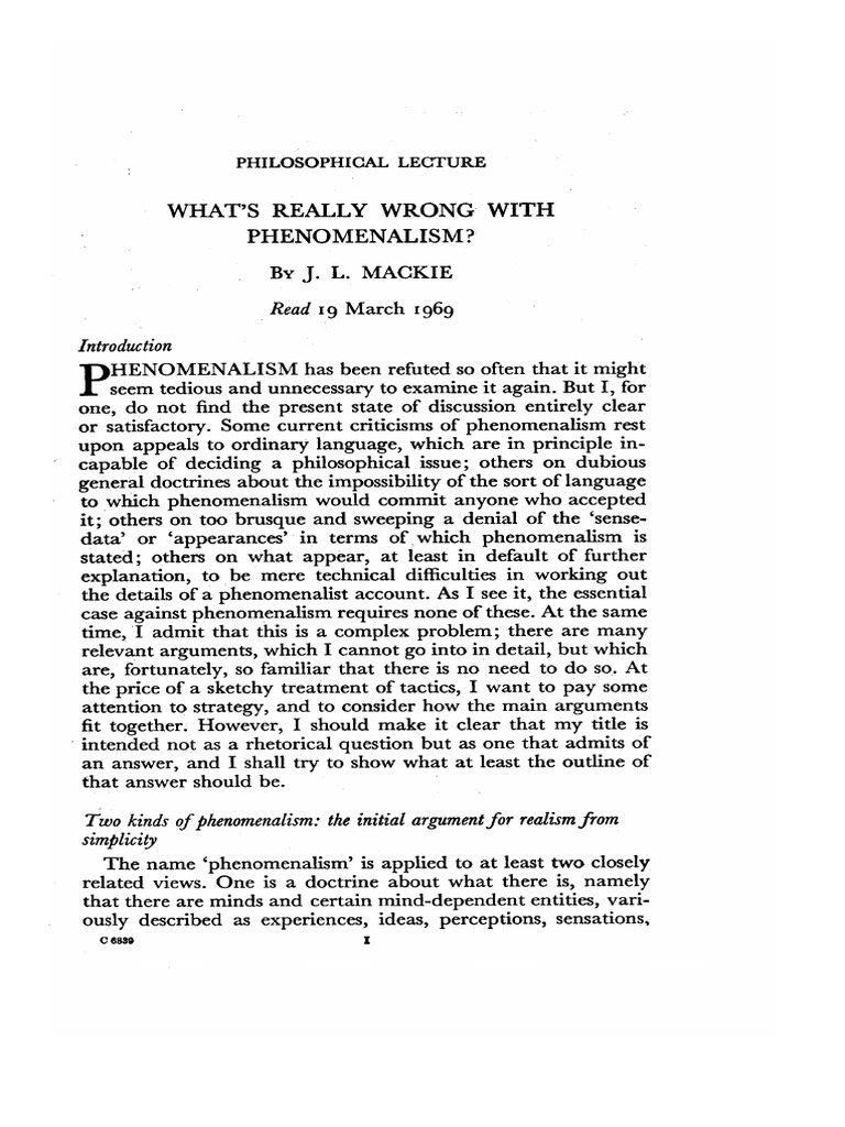 What's Really Wrong With Phenomenalism - John L. Mackie | PDF