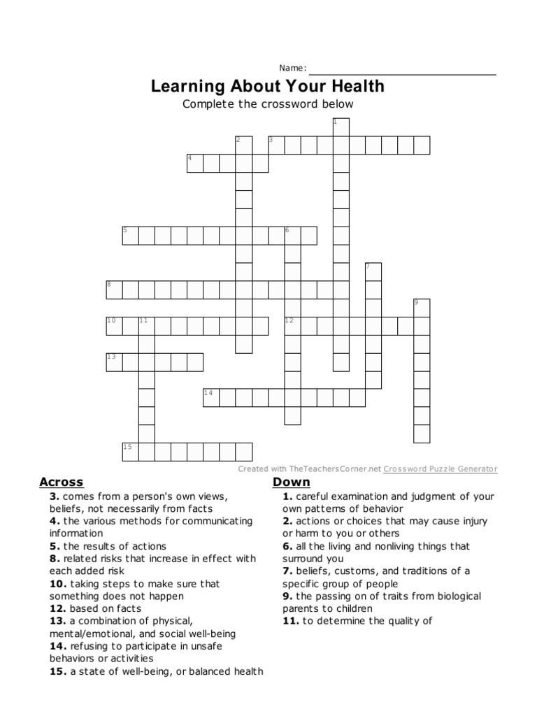 Health Vocabulary Crossword Puzzle | PDF | Psychological Concepts ...