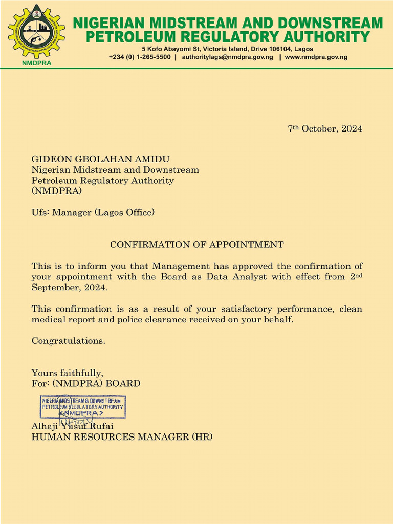 Gideon Gbolahan confirmation letter | PDF