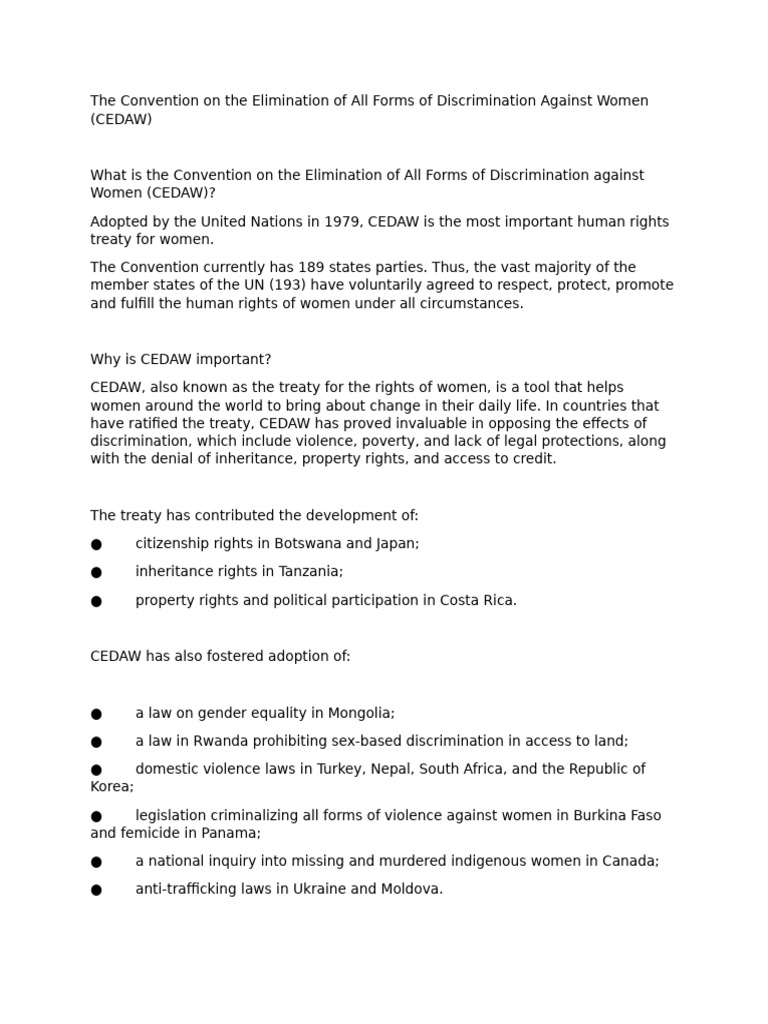 The Convention On The Elimination of All Forms of Discrimination Against Women (CEDAW) | PDF ...