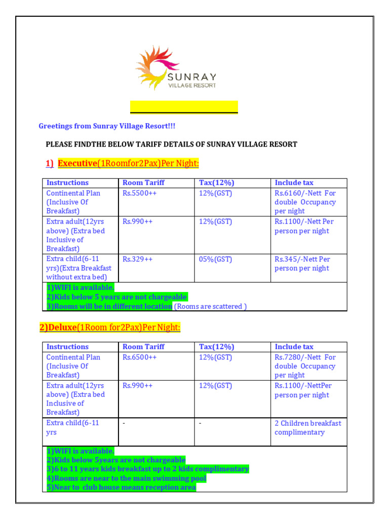 Sunray Village Resort Room Tariffs | PDF | Identity Document
