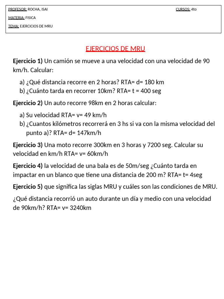 Ejercicios de MRU | PDF