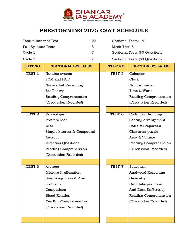 2025 CSAT Test Schedule Overview | PDF | Mathematics