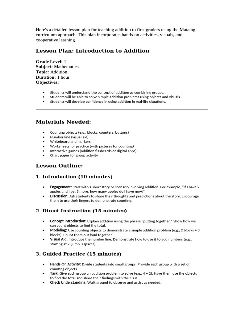 Lesson Plan For Addition Day 1 | PDF | Lesson Plan | Learning
