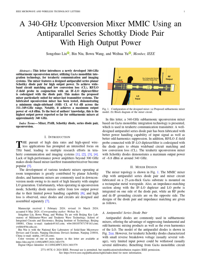 A 340-GHz Upconversion Mixer MMIC Using an Antiparallel Series Schottky Diode Pair With High ...