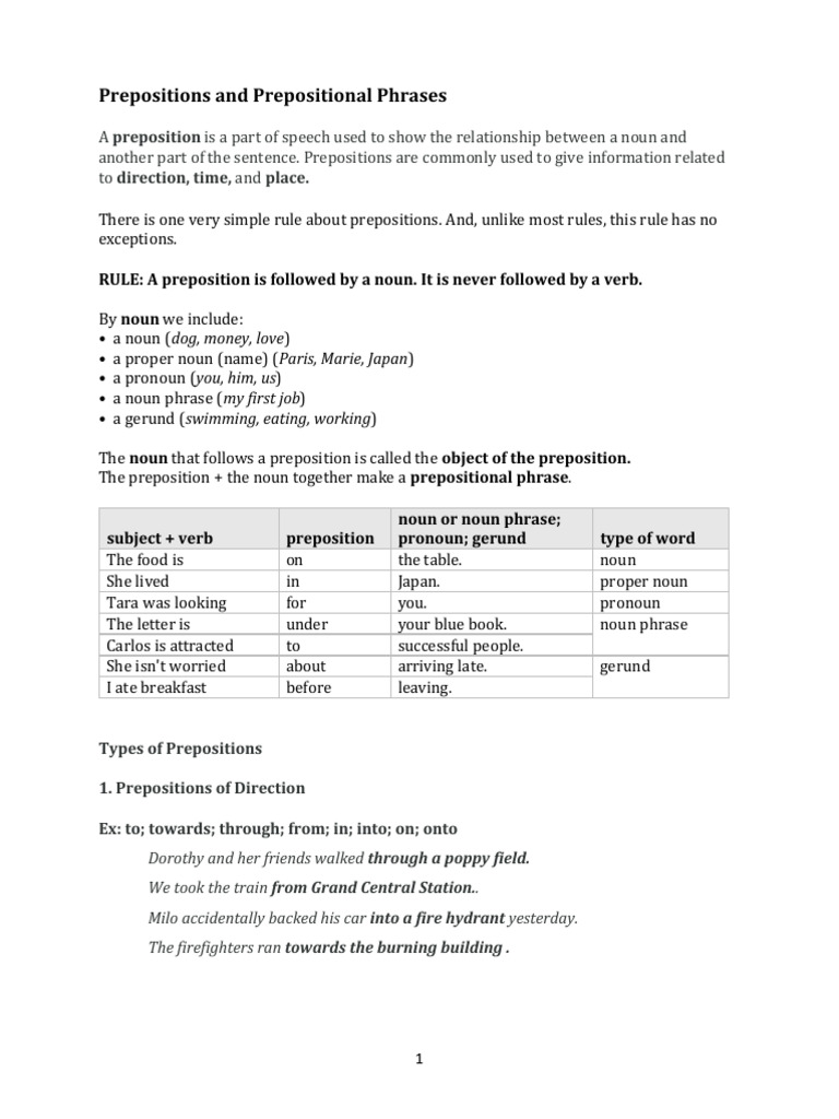Prepositions and Prepositional Phrases | PDF | Verb | Noun