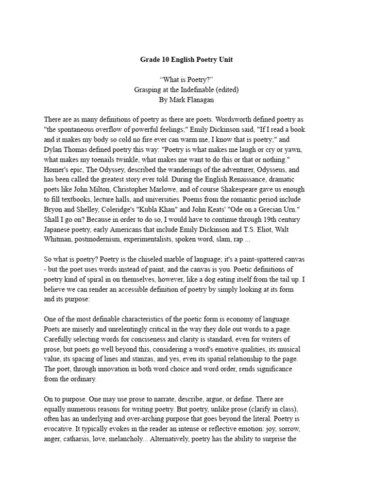 Grade 10 English Poetry Unit 2025 | PDF | Poetry | Phonaesthetics