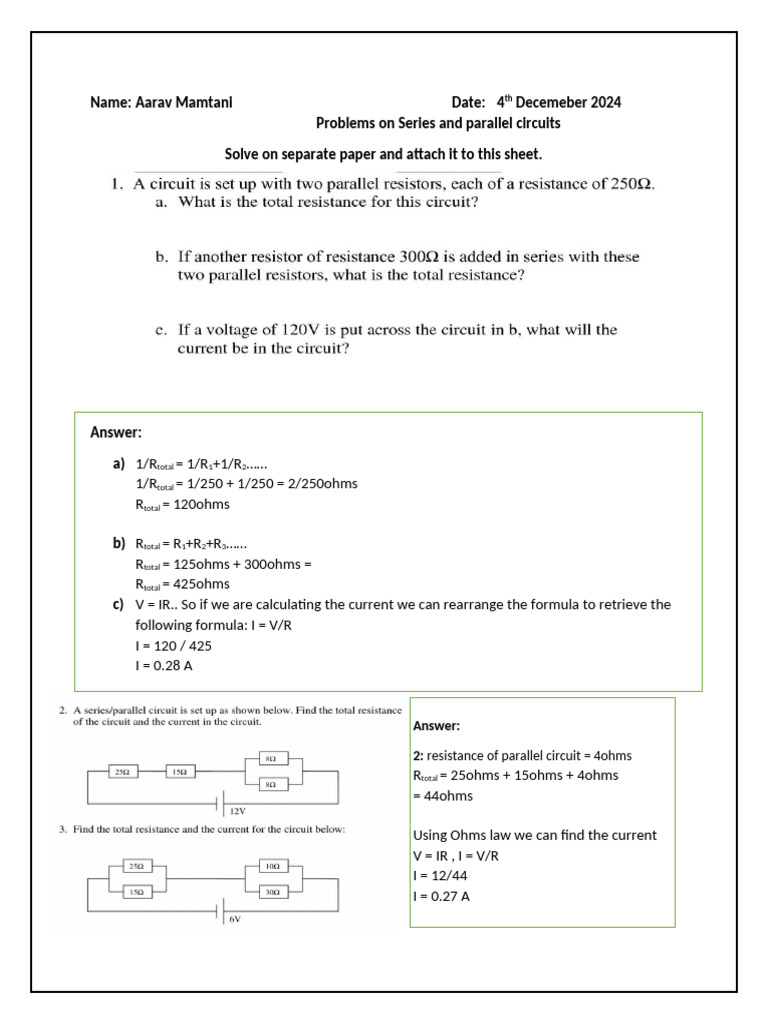 9 Problems On Series and Parallel Circuits | PDF