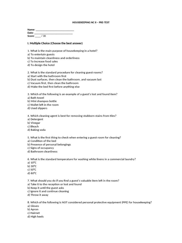 Housekeeping NC II Pre-Test Questions | PDF | Housekeeping | Hygiene