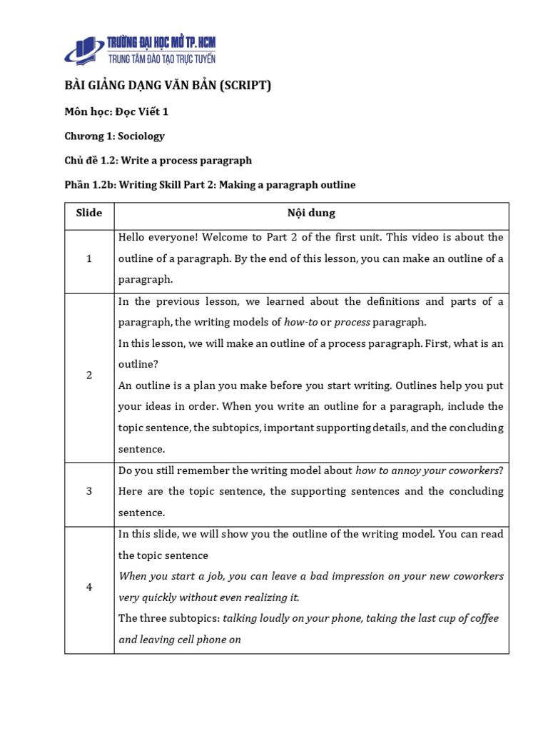 DV1-B1-Writing Skill Part 2 Outline of A Paragraph | PDF