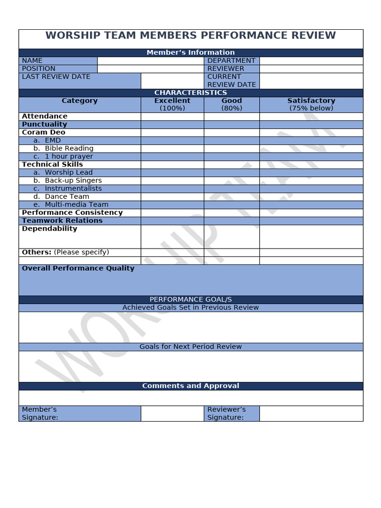 Worship Team Members Performance Review | PDF