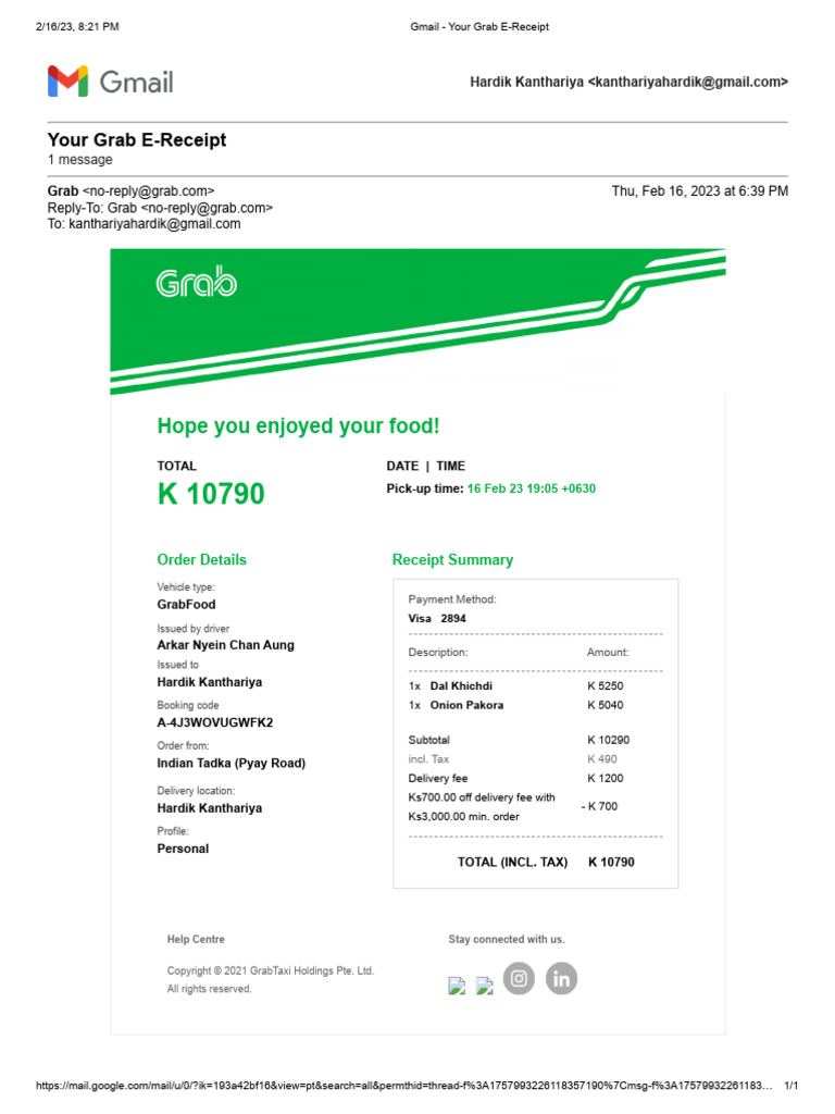 Gmail - Your Grab E-Receipt | PDF | Payments