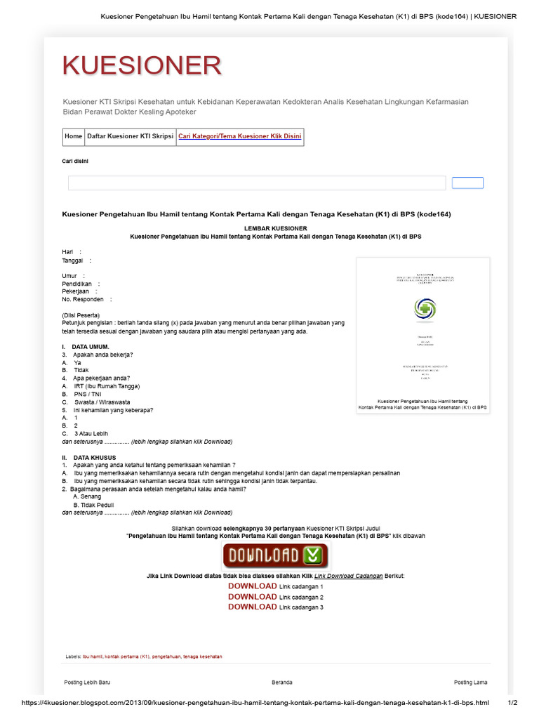 Kuesioner Pengetahuan Ibu Hamil Tentang Kontak Pertama Kali Dengan Tenaga Kesehatan (K1) Di BPS ...
