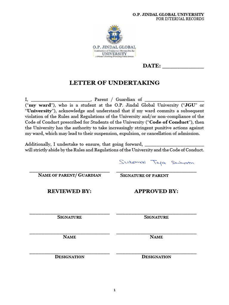 Template - Letter of Undertaking (for Parents) copy copy | PDF
