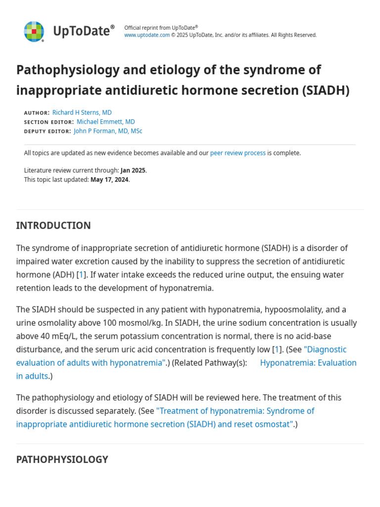 SIADH Pathophysiology and Etiology Explained | PDF | Diseases And ...