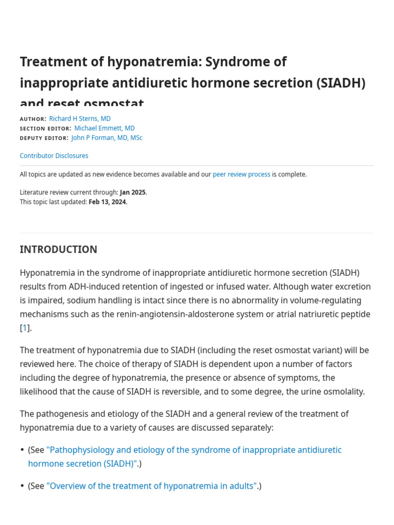 Treatment of Hyponatremia: Syndrome of Inappropriate Antidiuretic Hormone Secretion (SIADH) and ...