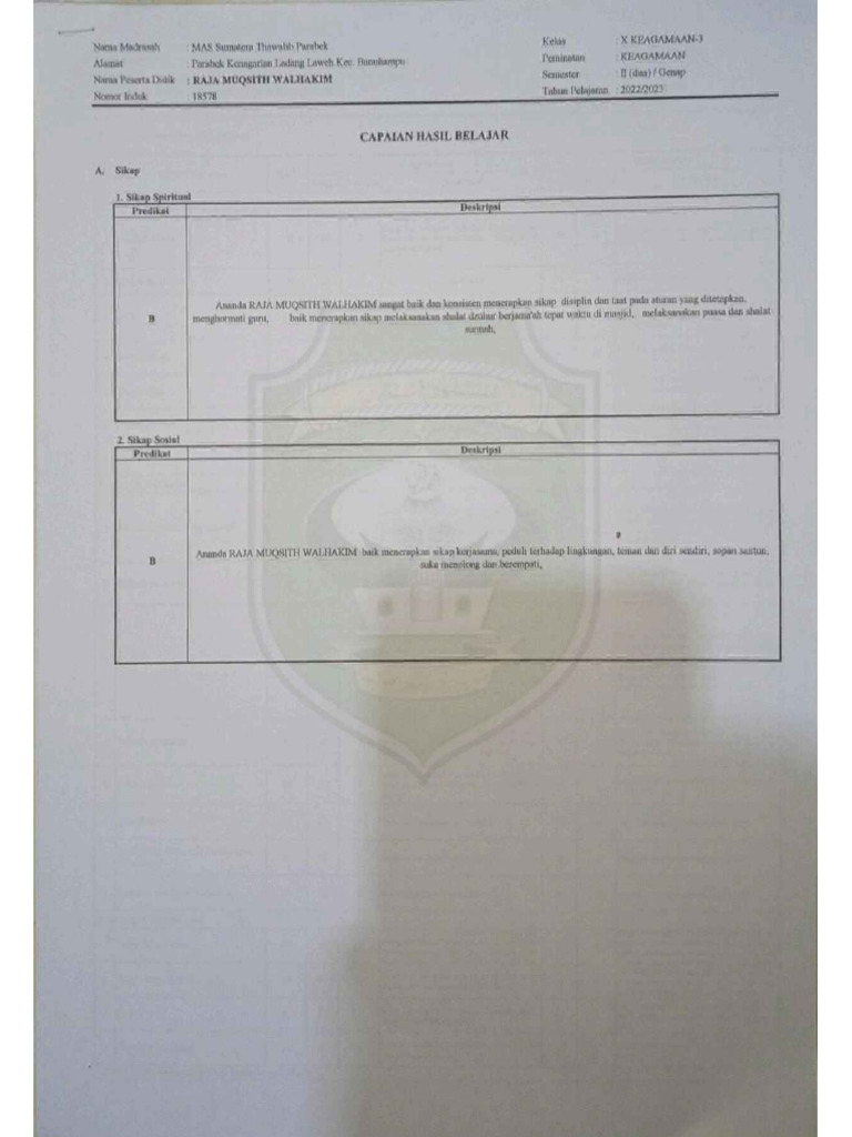 Rapor Semester 2 Raja | PDF