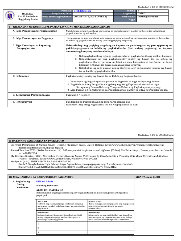 DLL Matatag - GMRC 4 q3 w4 | PDF