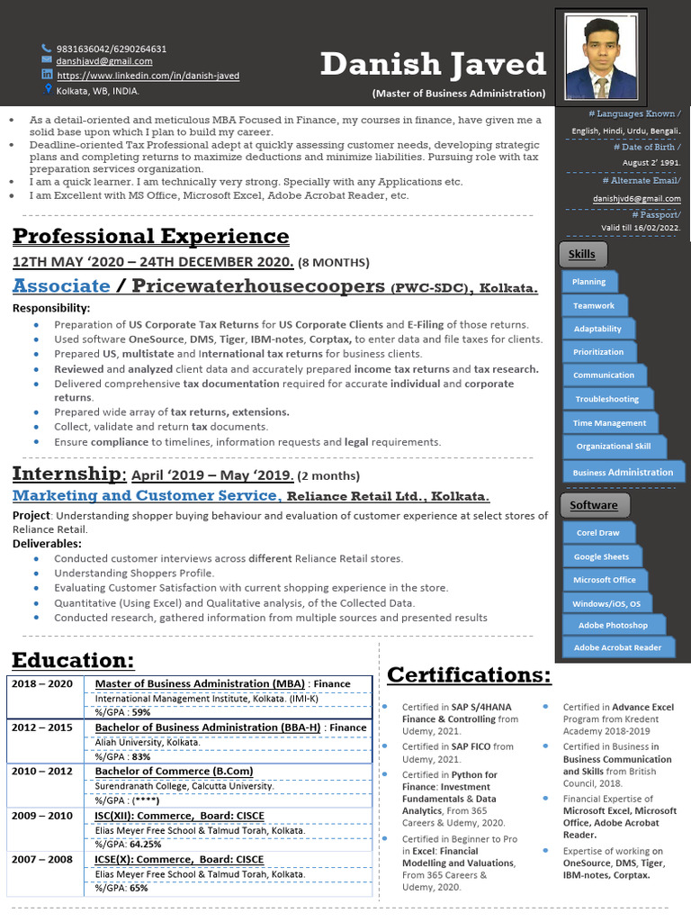 Danish Javed CV MBA Finance | PDF | Taxes
