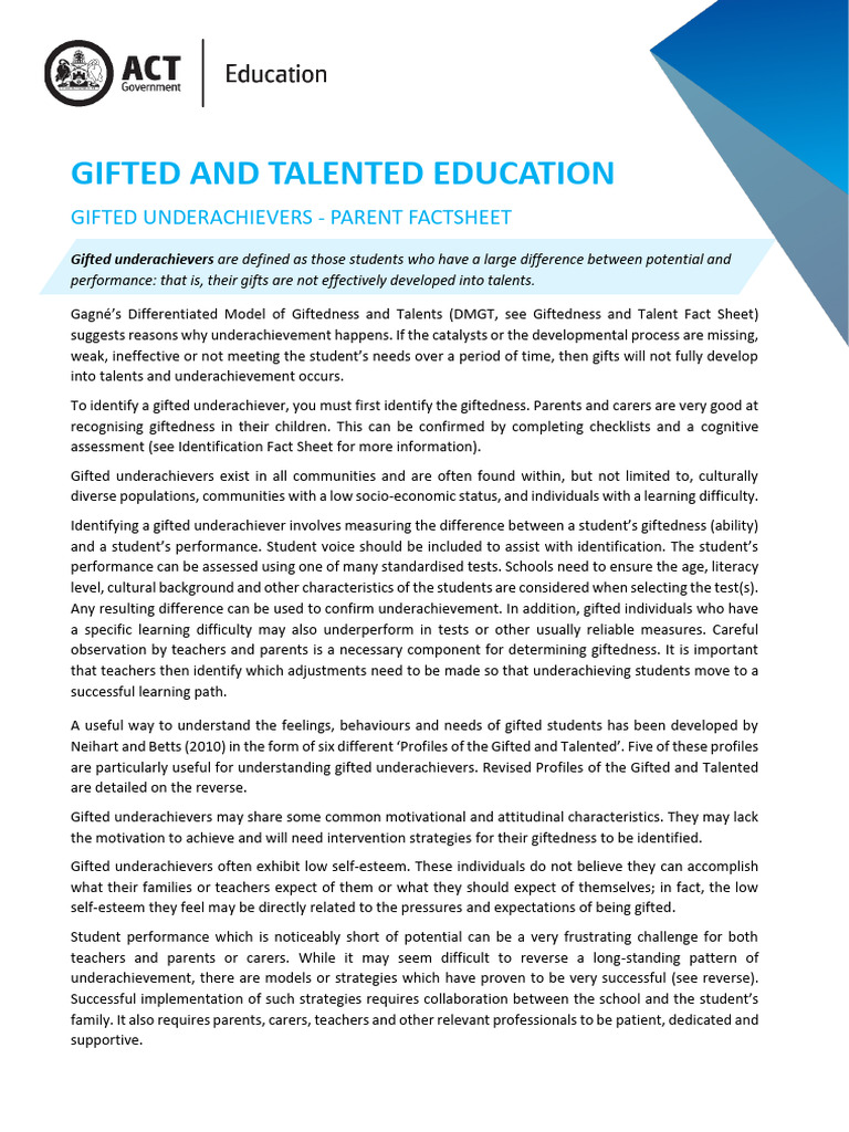 Gifted Underachievers: Parent Guide | PDF | Gifted Education | Teachers