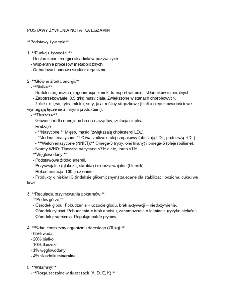 Postawy Żywienia Notatka Egzamin | PDF