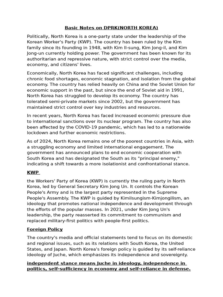 Basic Notes On DPRK For Each Solution | PDF | North Korea | World Politics