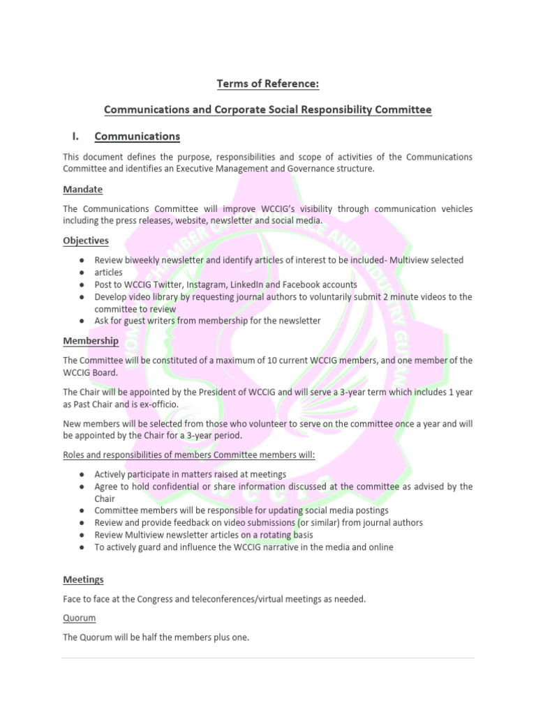 Terms of Reference Communications and Corporate Social Responsibility Committee | PDF ...