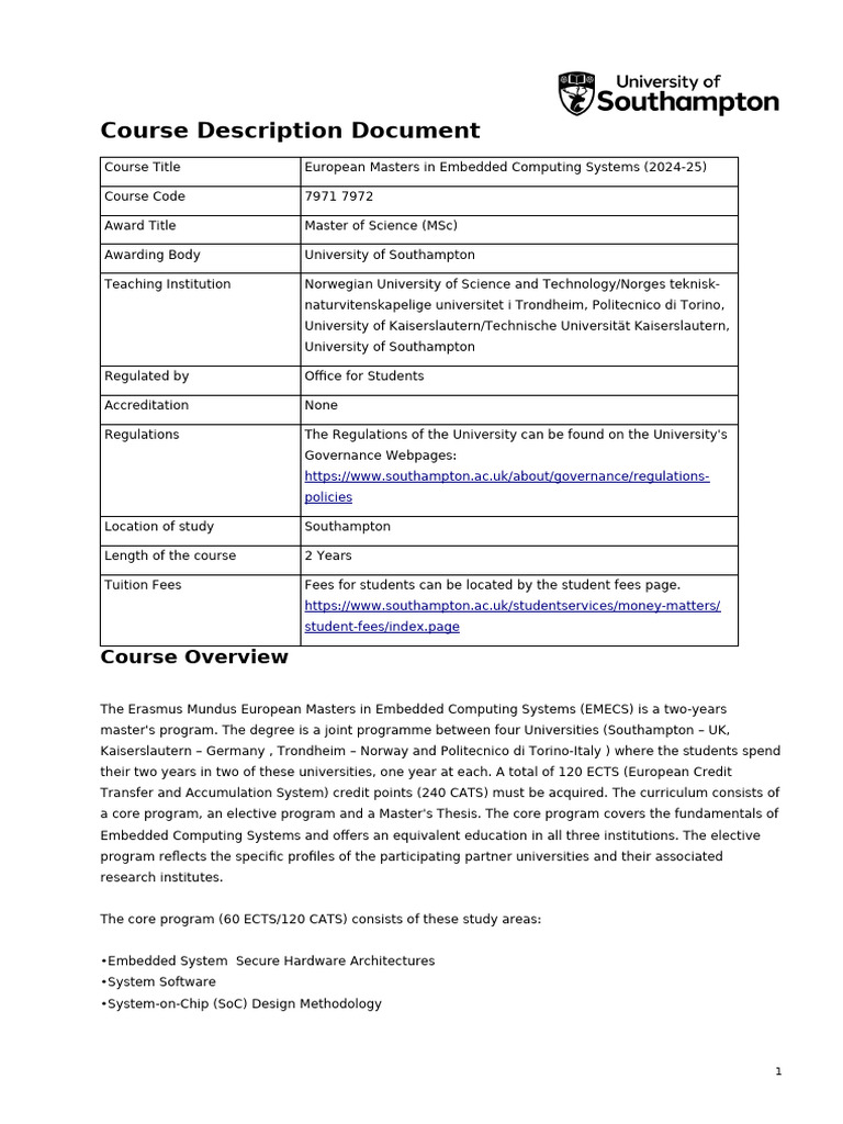 2425 7971 7972 MSC European Masters in Embedded Computing Systems | PDF | Educational Assessment ...