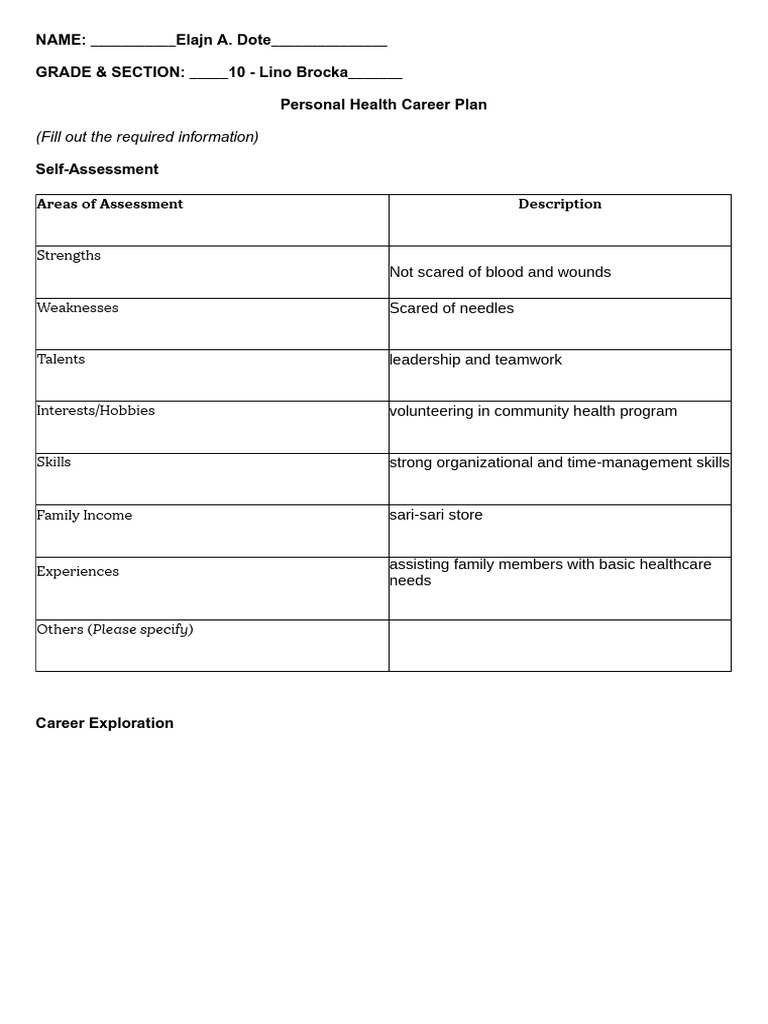 Personal Health Career Plan for Students | PDF | Medical Diagnosis ...