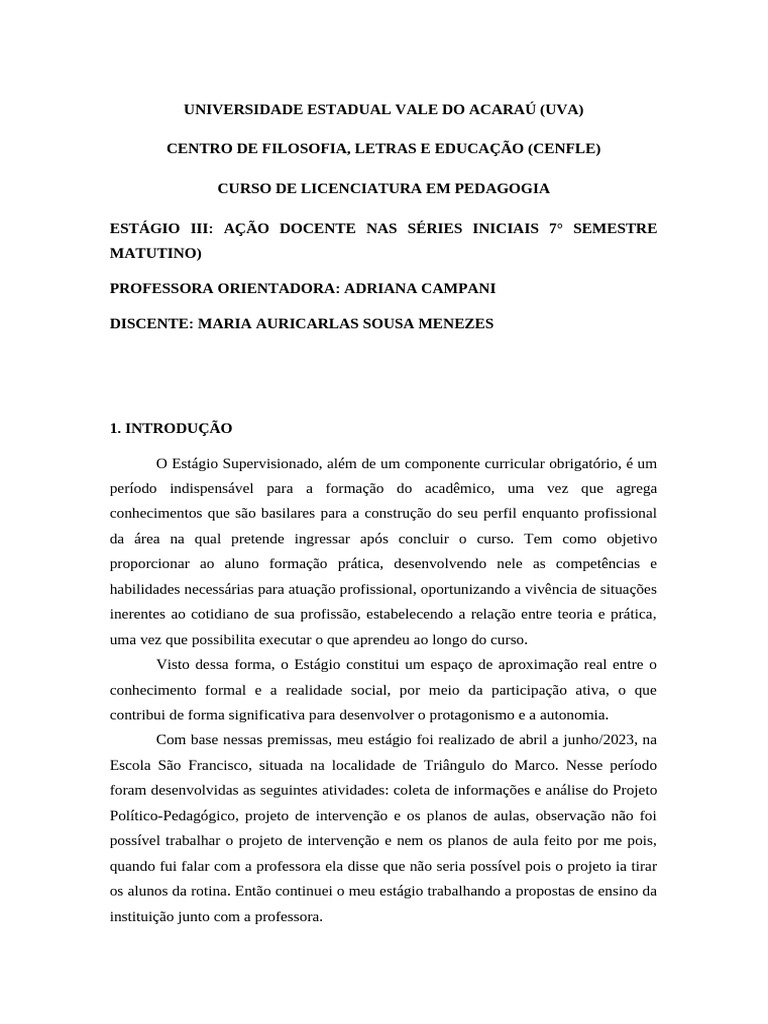 Relatório de Estágio Séries Iniciais | PDF | Pedagogia | Aprendizado