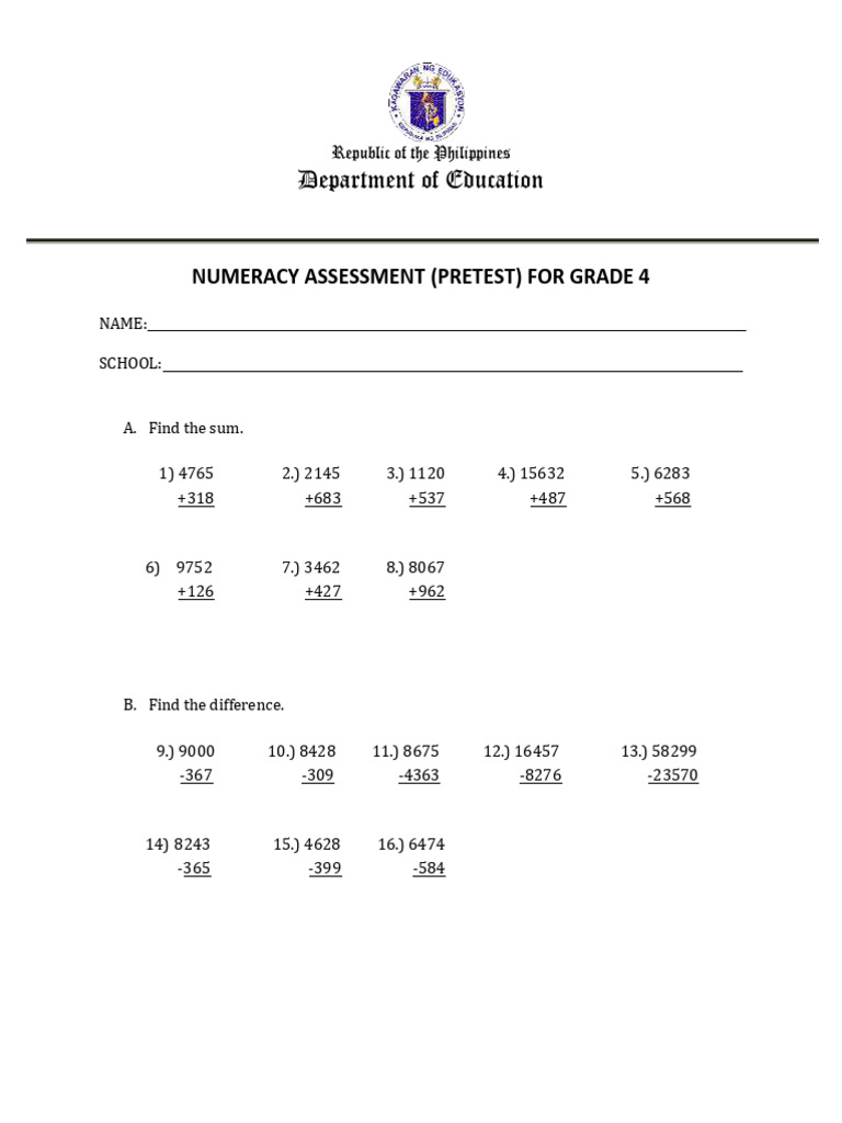 Grade 4 Numeracy Assessment Pretest | PDF