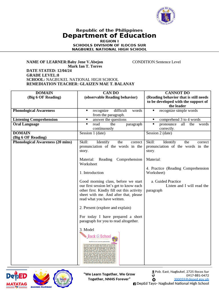 READING-REMEDIATION-PLAN.docx-session-2_2 | PDF | Reading Comprehension ...