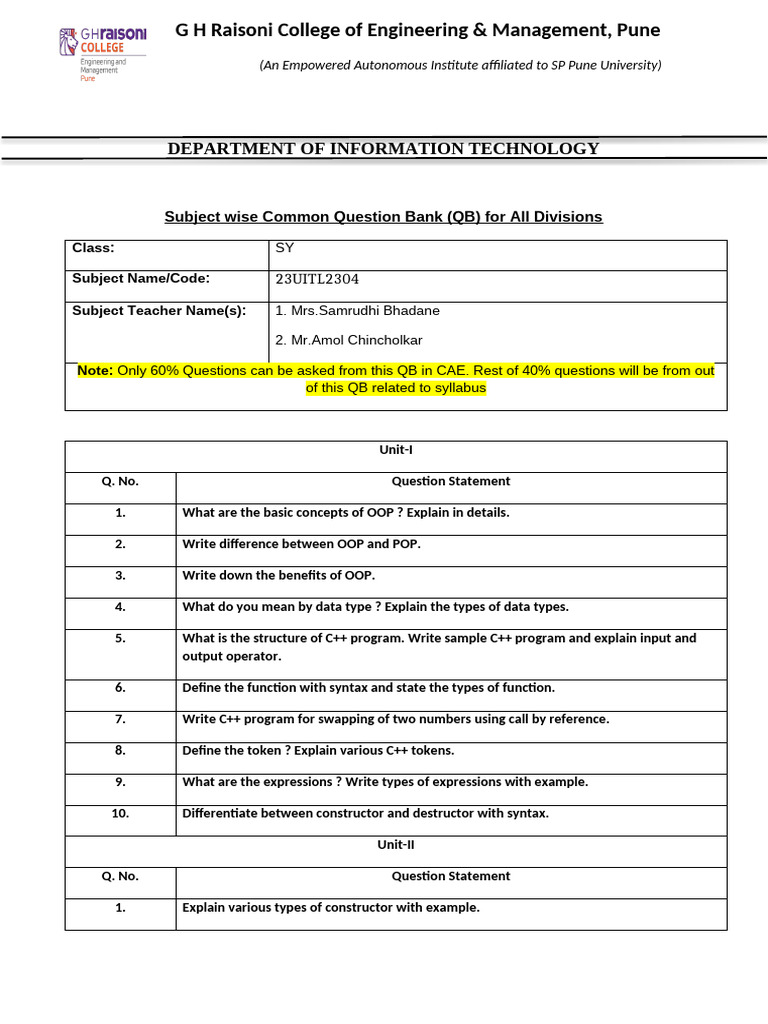 QB Unit 1 and 2 OOP | PDF | C++ | Constructor (Object Oriented Programming)