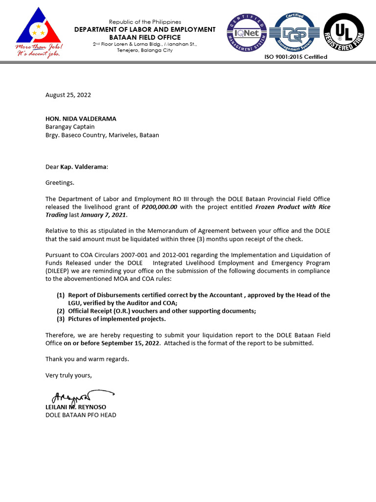 Livelihood Liquidation Letter - Bgy Baseco - 2020 | PDF