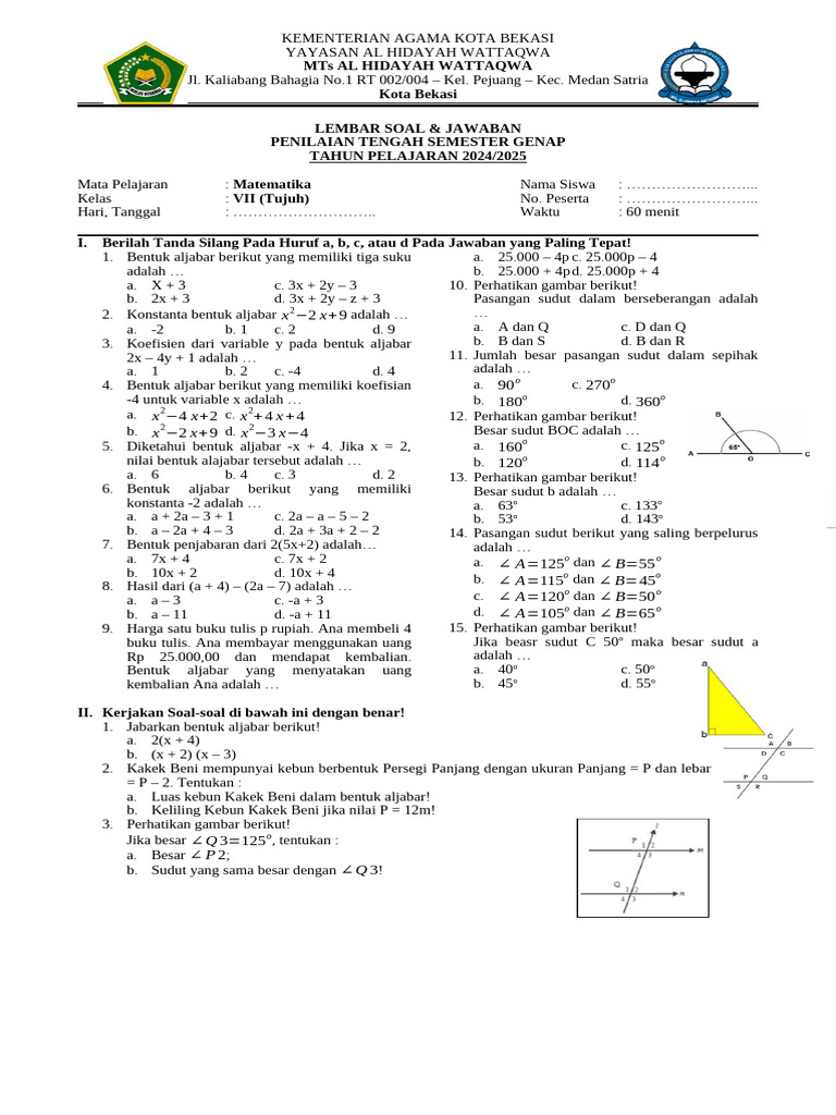 Soal MTK Kelas 7, 8, 9 PTS PAT Sem 2 2425 | PDF