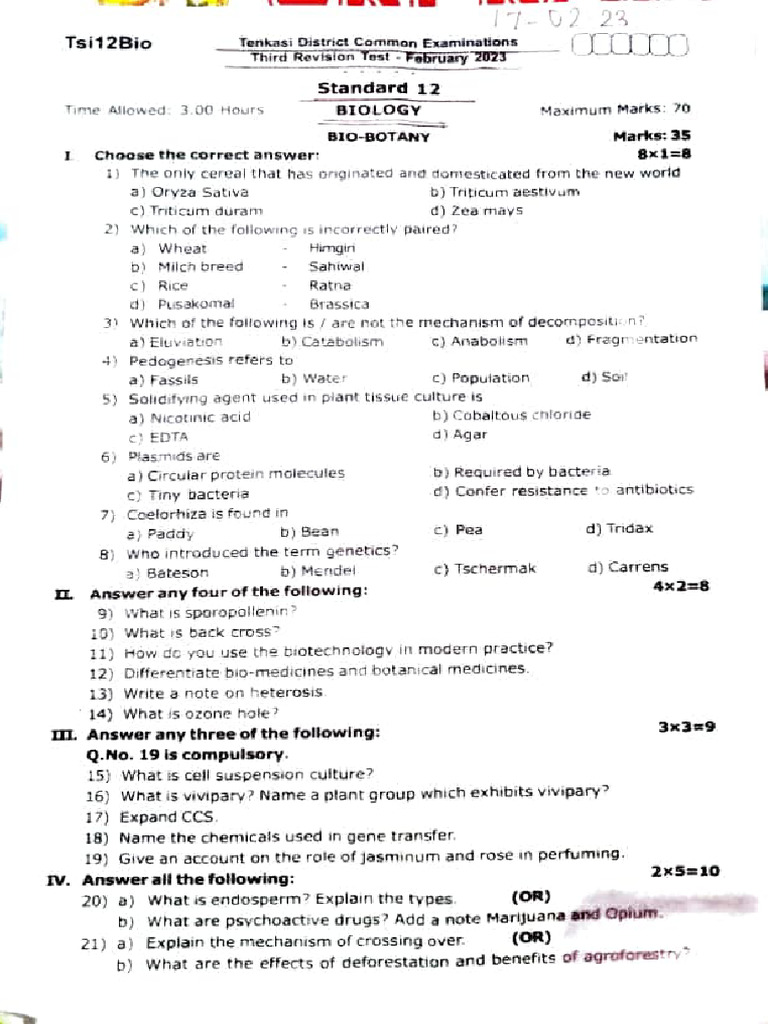 12th Biology Em 3rd Revision Exam 2023 Original Question Paper Thenkasi District English Medium ...