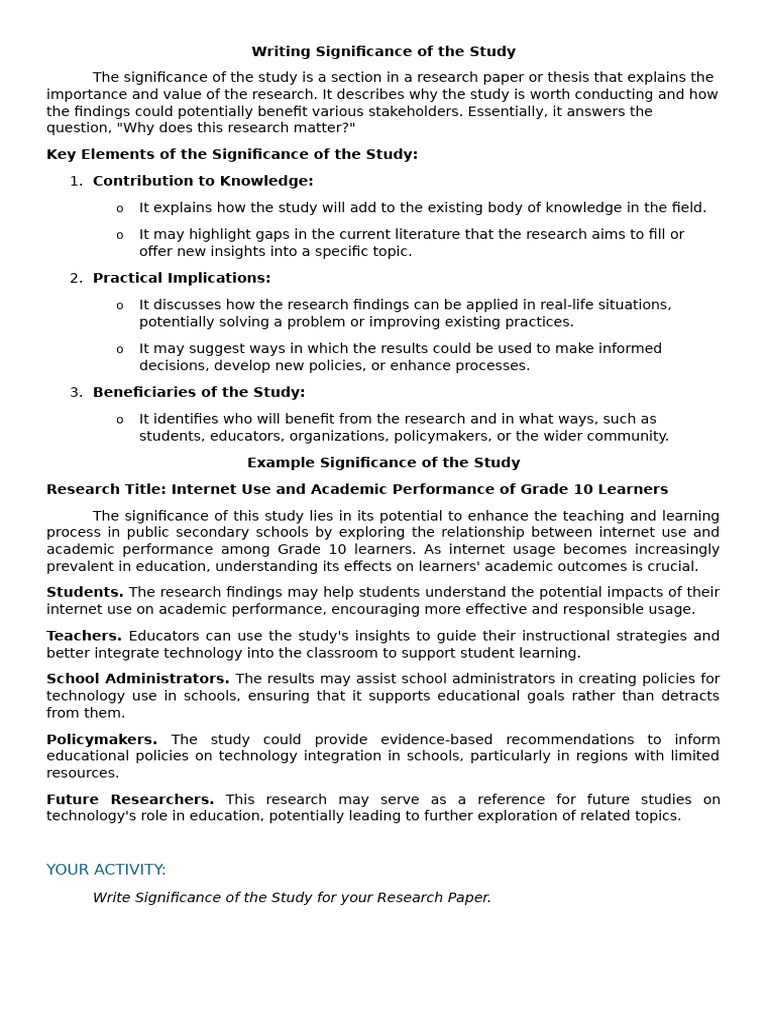Writing Significance of The Study | PDF | Learning | Teachers