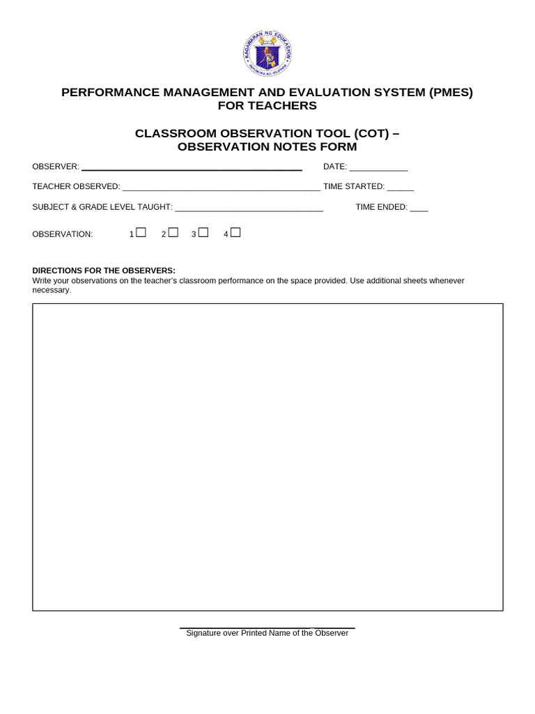 Teacher Classroom Observation Form | PDF