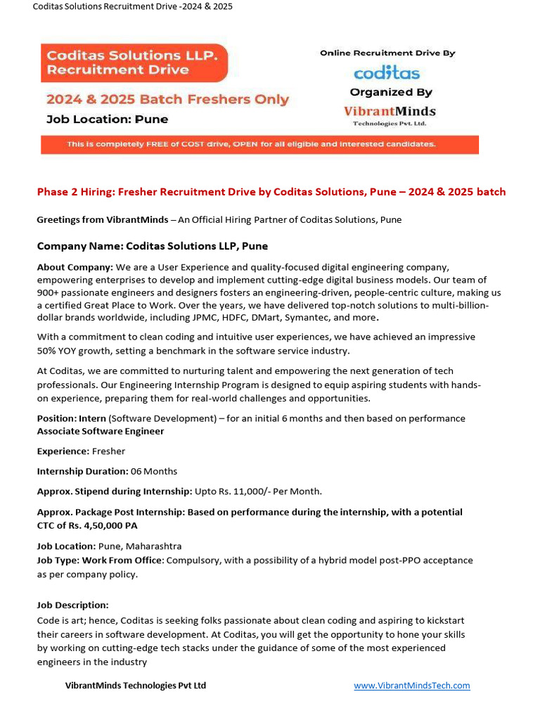 Coditas Solutions Fresher Hiring 2024-2025 | PDF | Internet Of Things ...