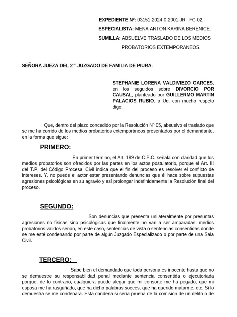 ABSUELVE TRASLADO - STEPHANIE | PDF | Divorcio | Demanda judicial