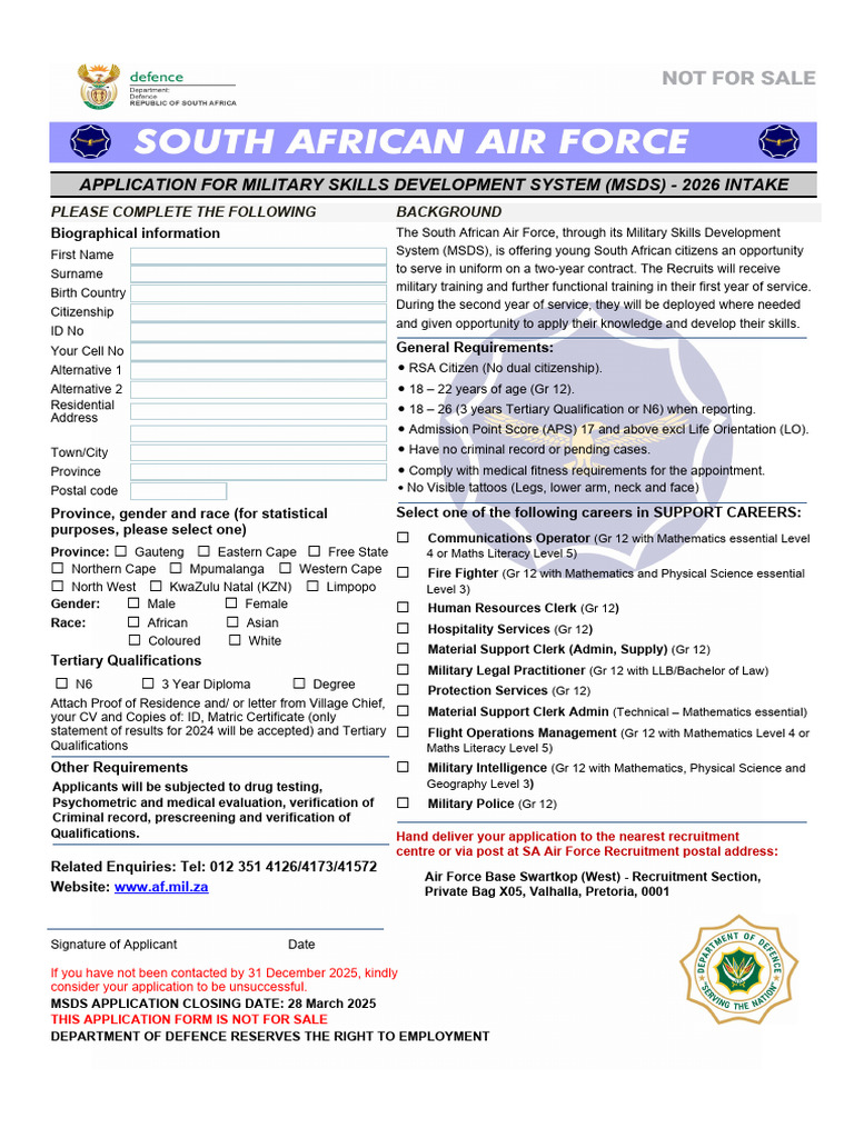 SA Air Force General MSDS Application 2026 | PDF
