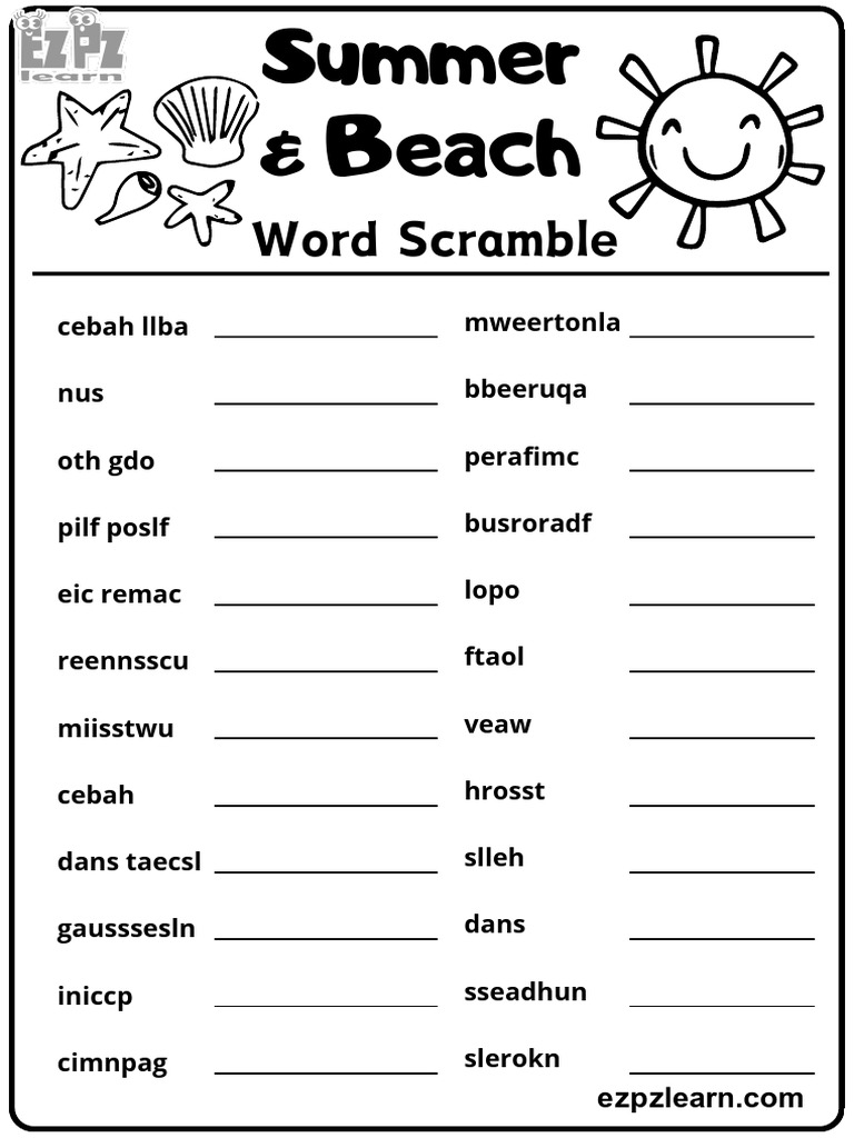Summer and Beach Word Scramble 24 Words - Removed | PDF