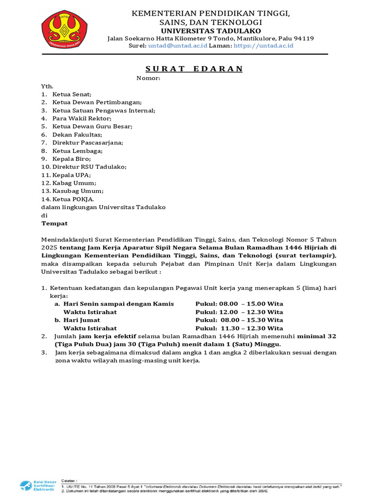 Surat Edaran Jam Kerja Bulan Ramadhan 1446 H | PDF